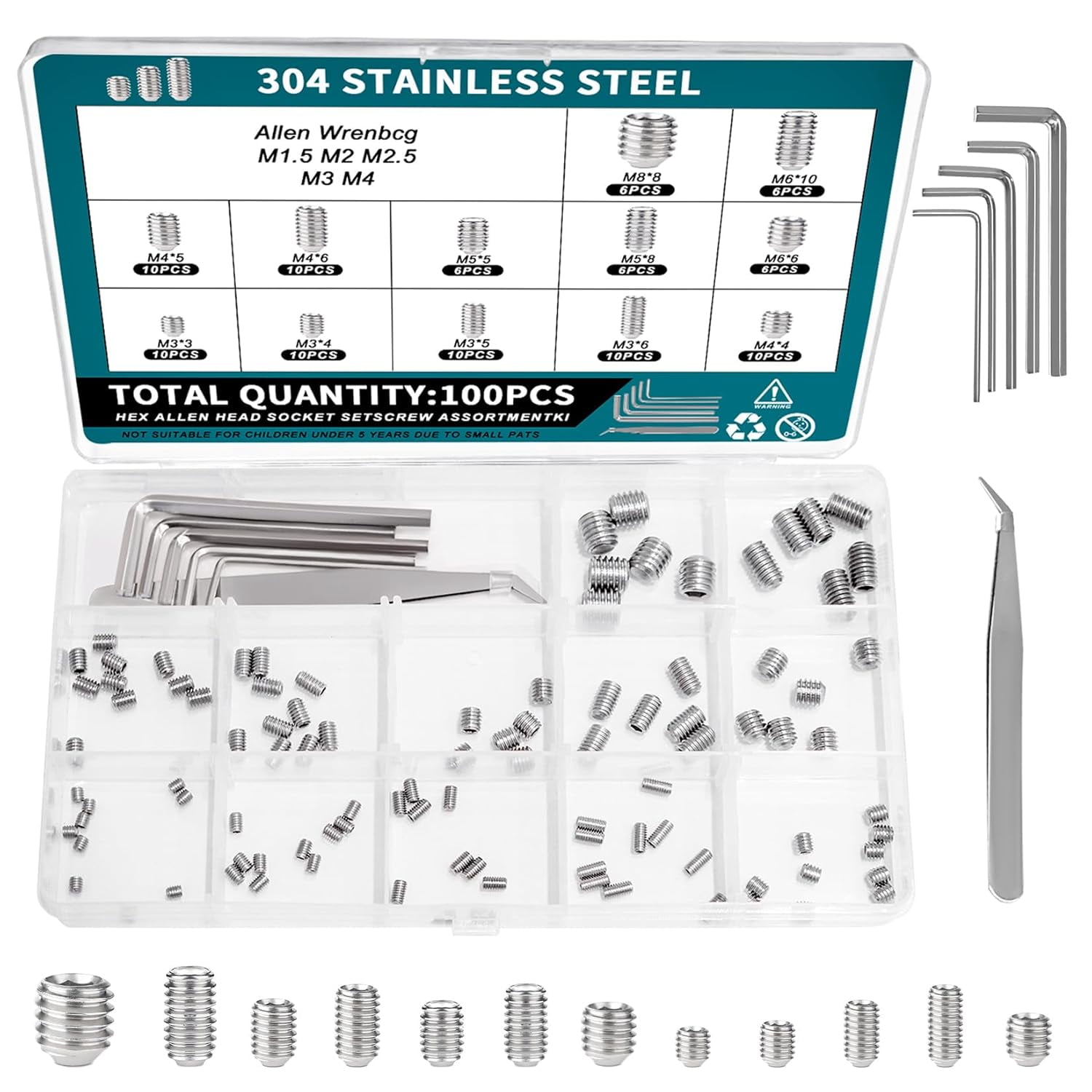 PHYSUN-100 Pcs Set Screws Assortment Kit M3, M4, M5, M6, M8 Allen ...