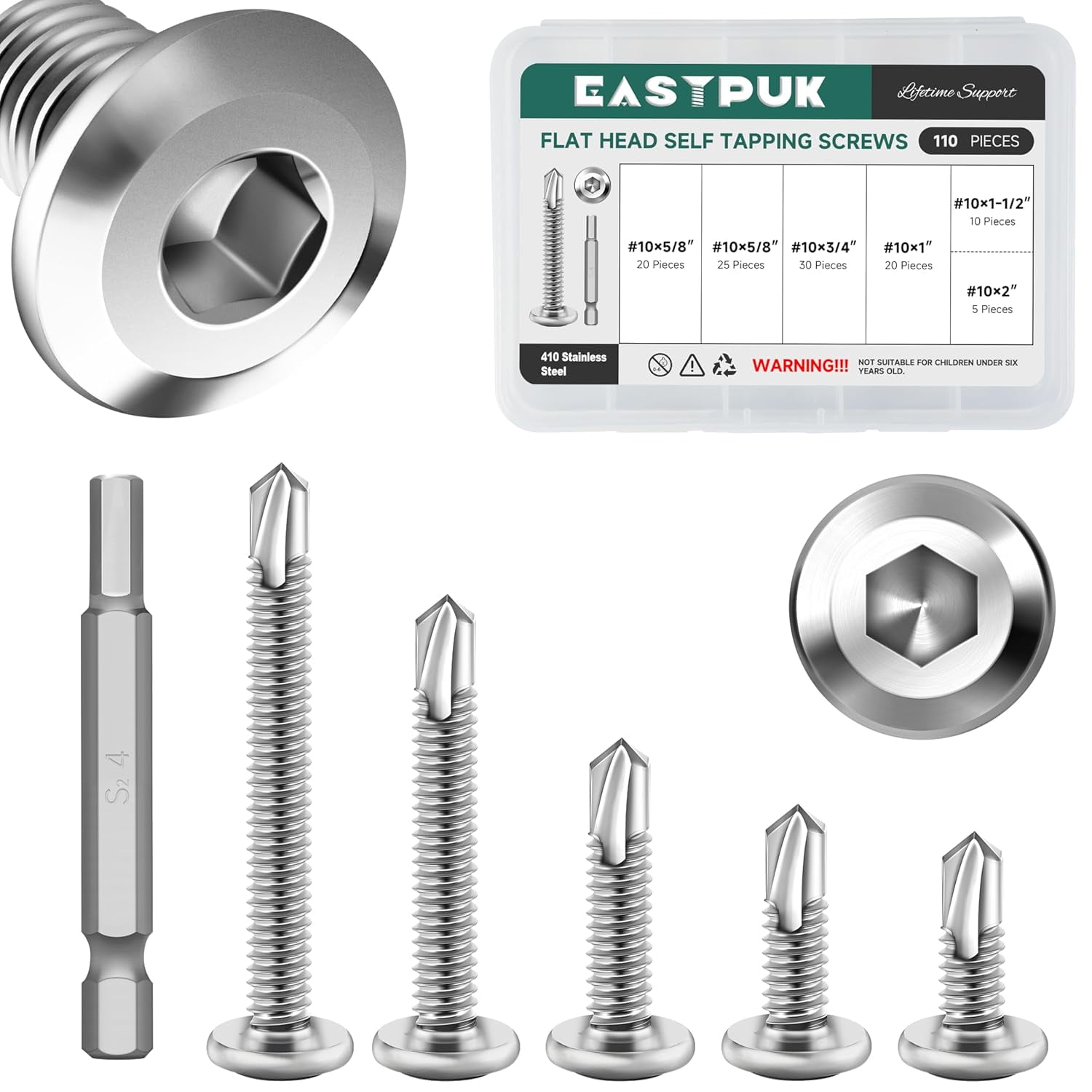 PHYSUN-110Pcs #10 Sheet Metal Screws Assortment Kit, Stainless Steel ...