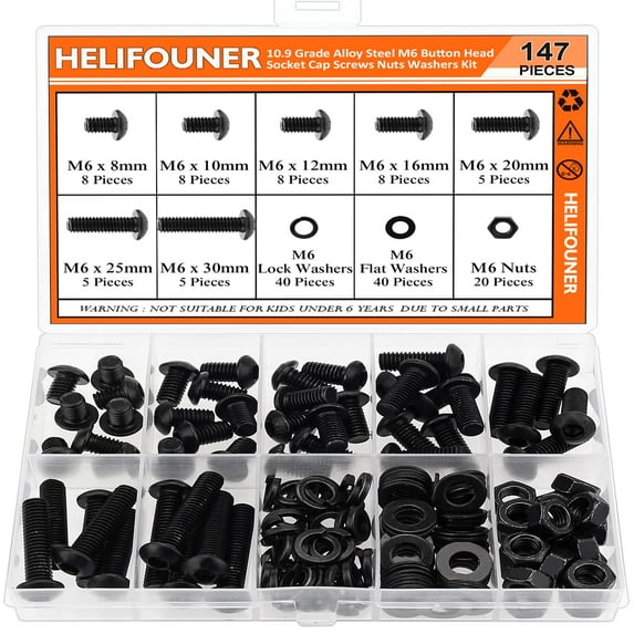 PHYSUN-147 Pieces M6 x 8mm /10mm /12mm /16mm /20mm /25mm /30mm, Button ...