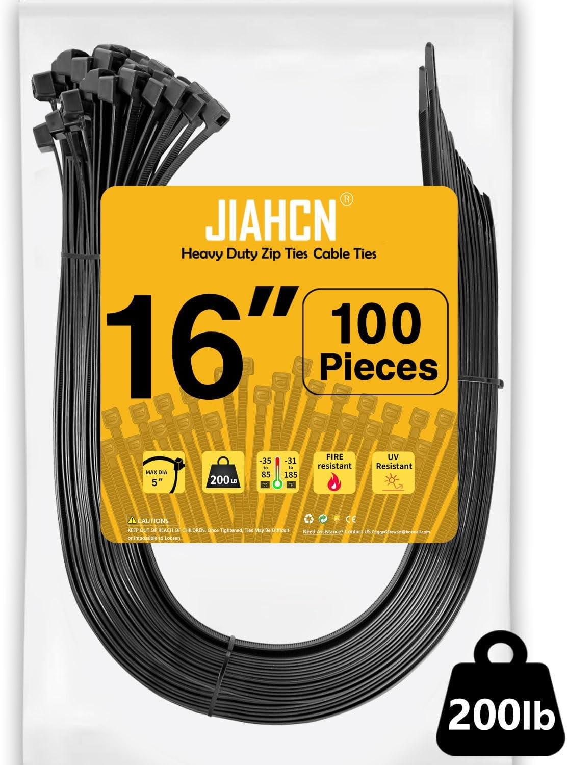 PHYSUN-16 Inch Long Zip Ties (100 Pieces) Heavy Duty 200lbs Black Cable ...