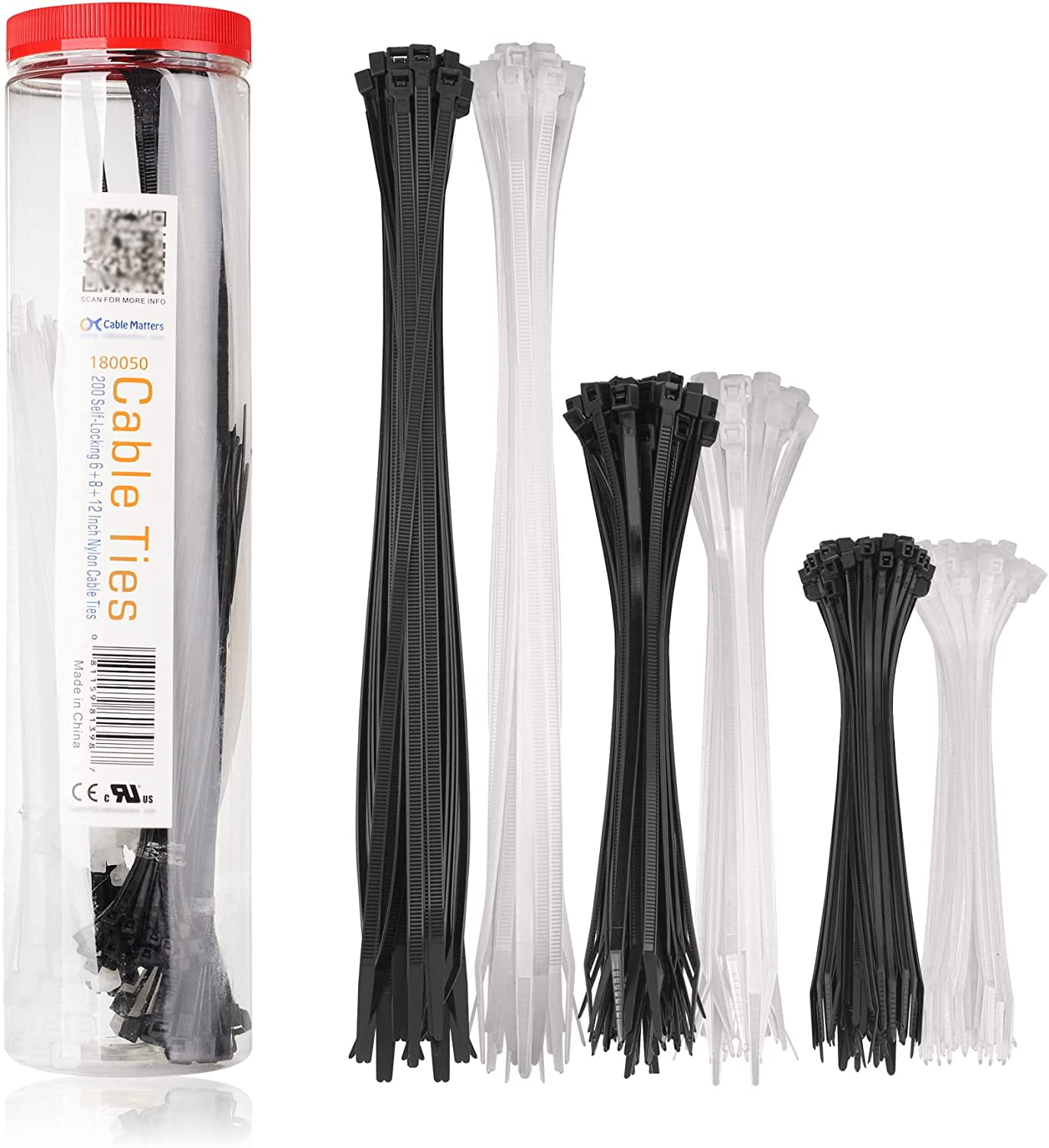 PHYSUN-200-Pack Cable Ties for Indoor and Outdoor, 6, 8, 12-Inch Self ...