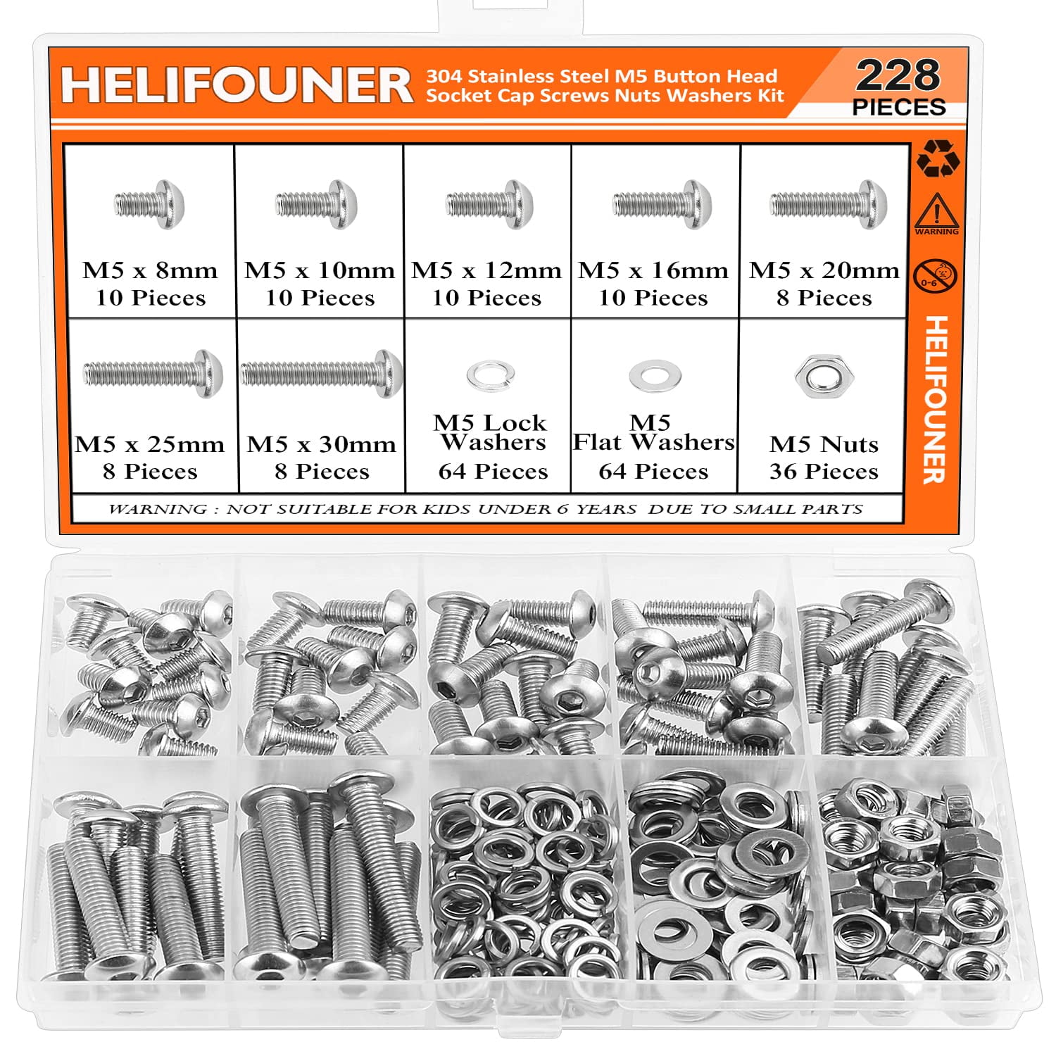 PHYSUN-228 Pieces M5 x 8mm /10mm /12mm /16mm /20mm /25mm /30mm, Button ...