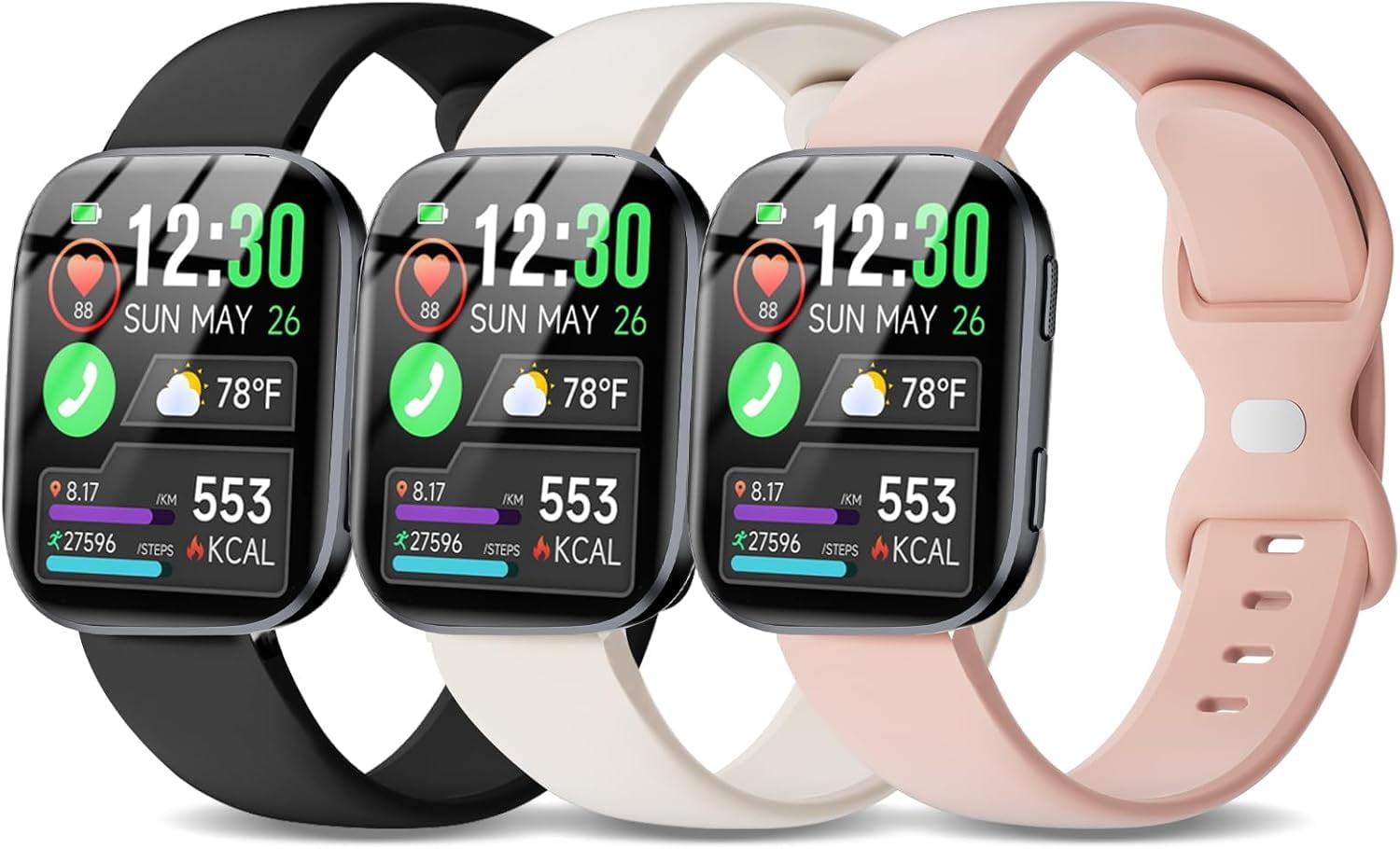 PHYSUN-3 Pack Silicone Sport Watch Bands Compatible with GloryFit T80 ...