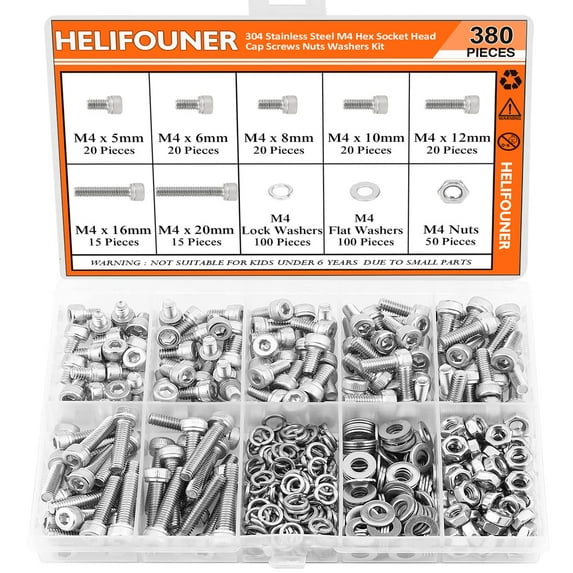 PHYSUN-380 Pieces M4 x 5mm /6mm /8mm /10mm /12mm /16mm /20mm, Hex ...