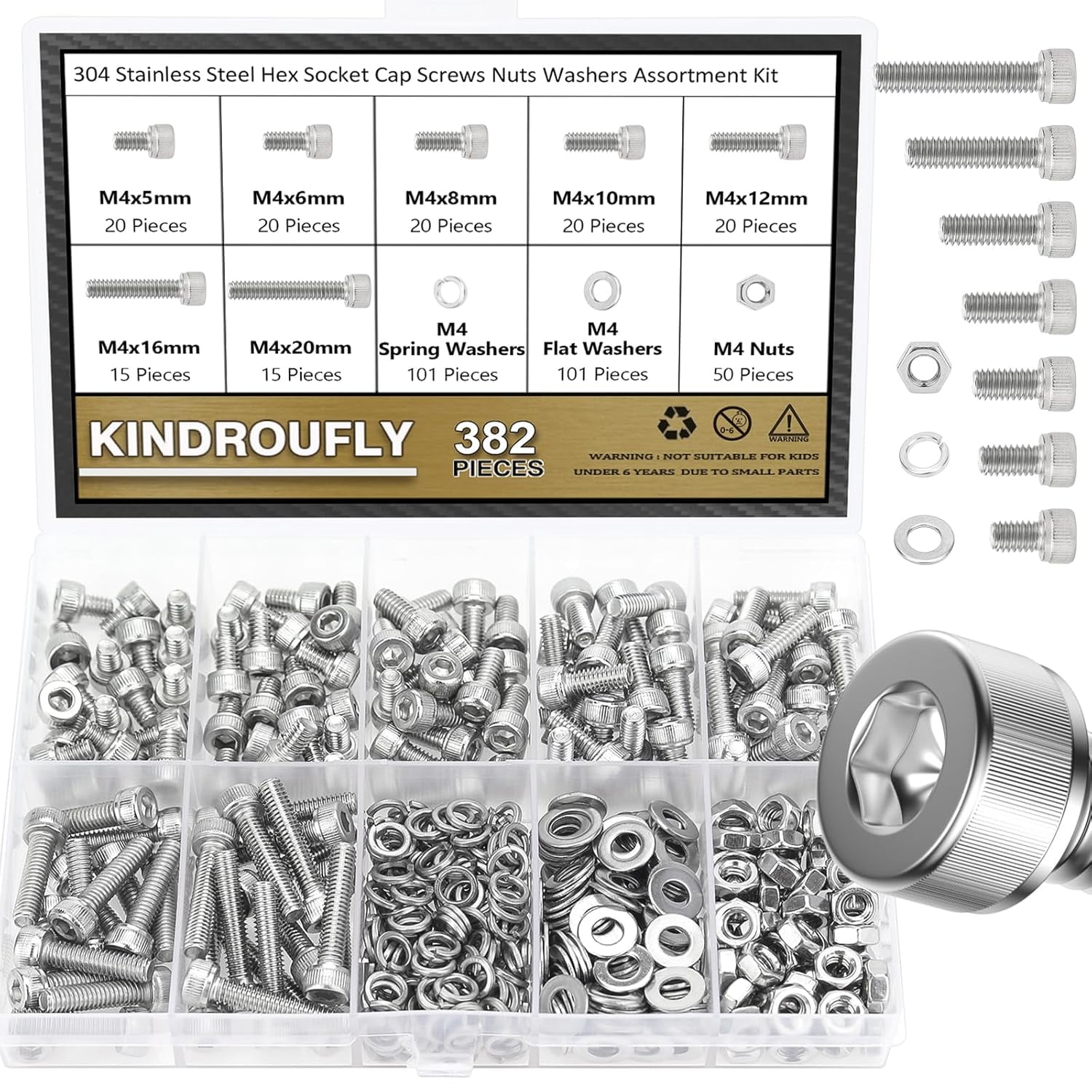 PHYSUN-382 Pieces M4 x 5/6 /8/10 /12/16 /20mm Hex Socket Head Cap ...