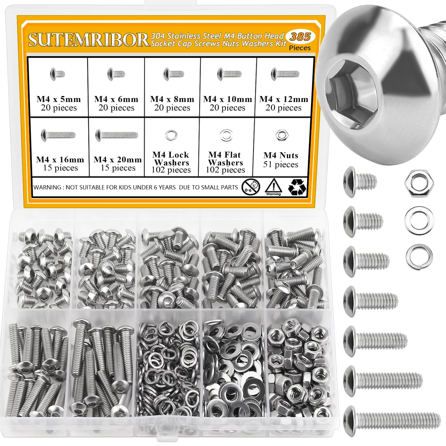 PHYSUN-385 Pieces M4 Screws Nuts Washers Set, M4 x 5/6/8/10/12/16/20mm ...