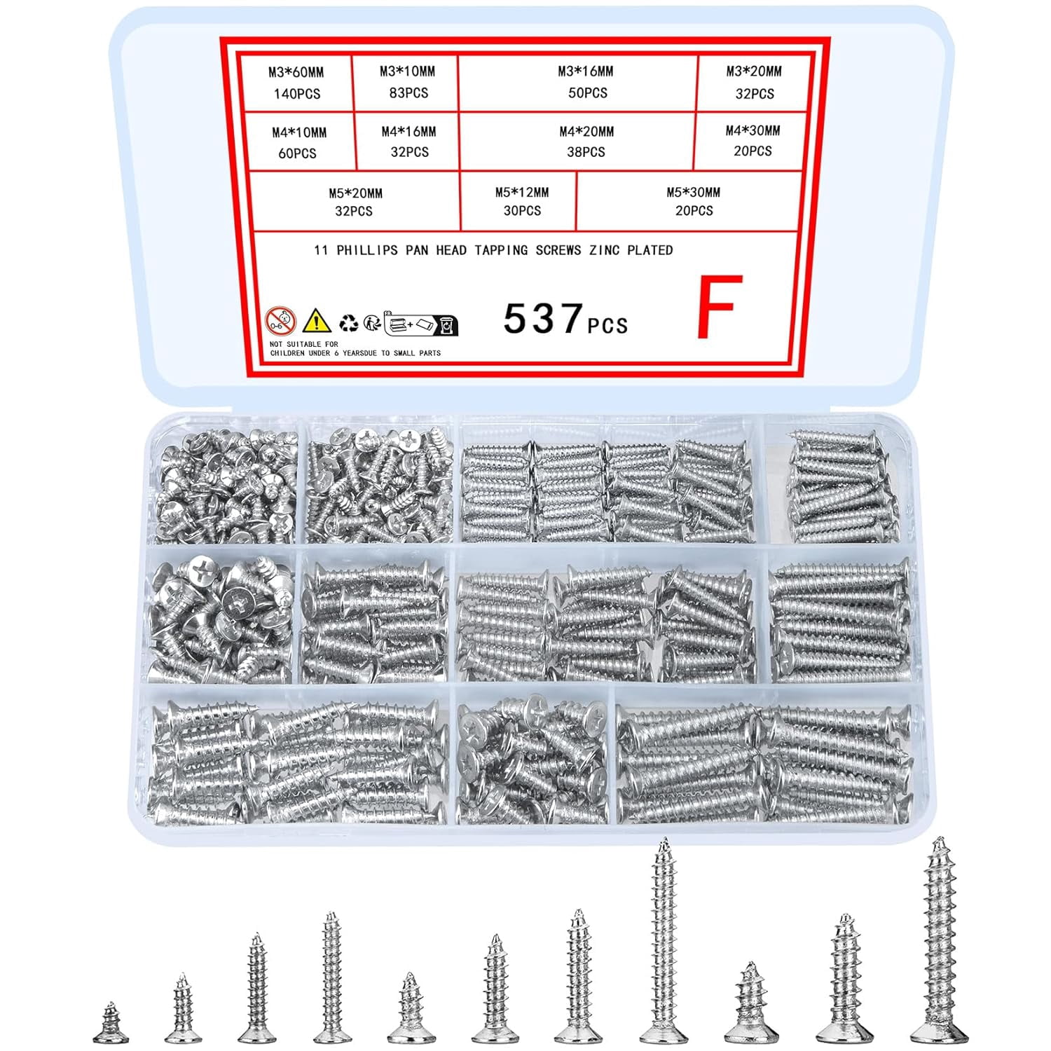PHYSUN-537 Pieces Self Tapping Screws Assortment Fasteners Set, M3 M4 ...