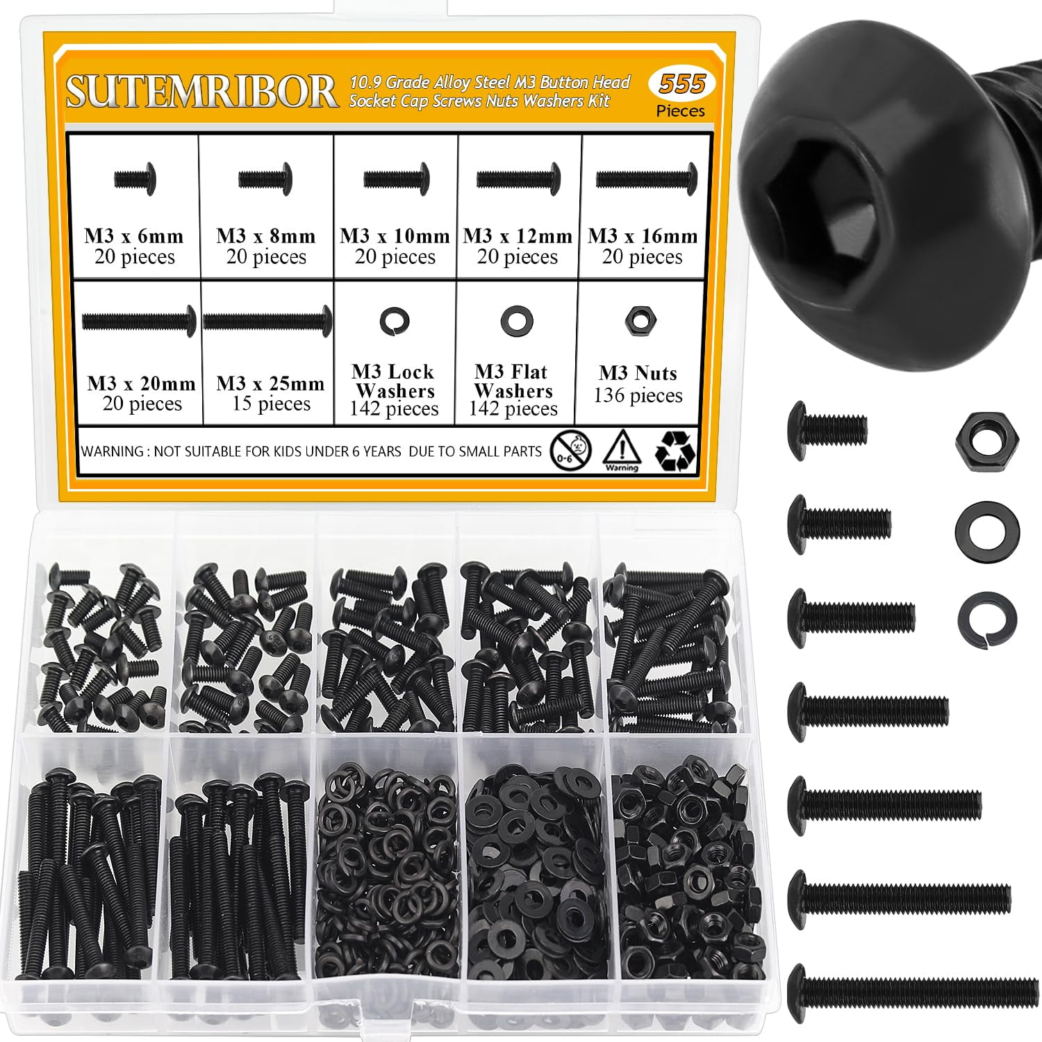 PHYSUN-555 Pieces M3 Screws Nuts Washers Set Black, M3 x 6/8/10/12/16 ...