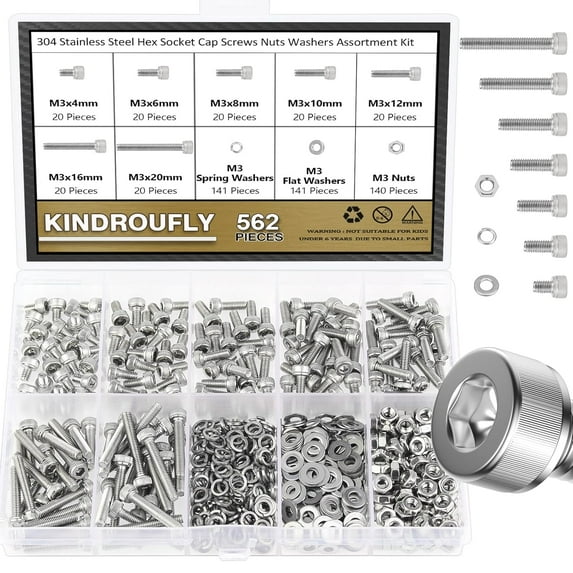 PHYSUN-562 Pieces M3 x 4/6 /8/10 /12/16 /20mm Hex Socket Head Cap ...