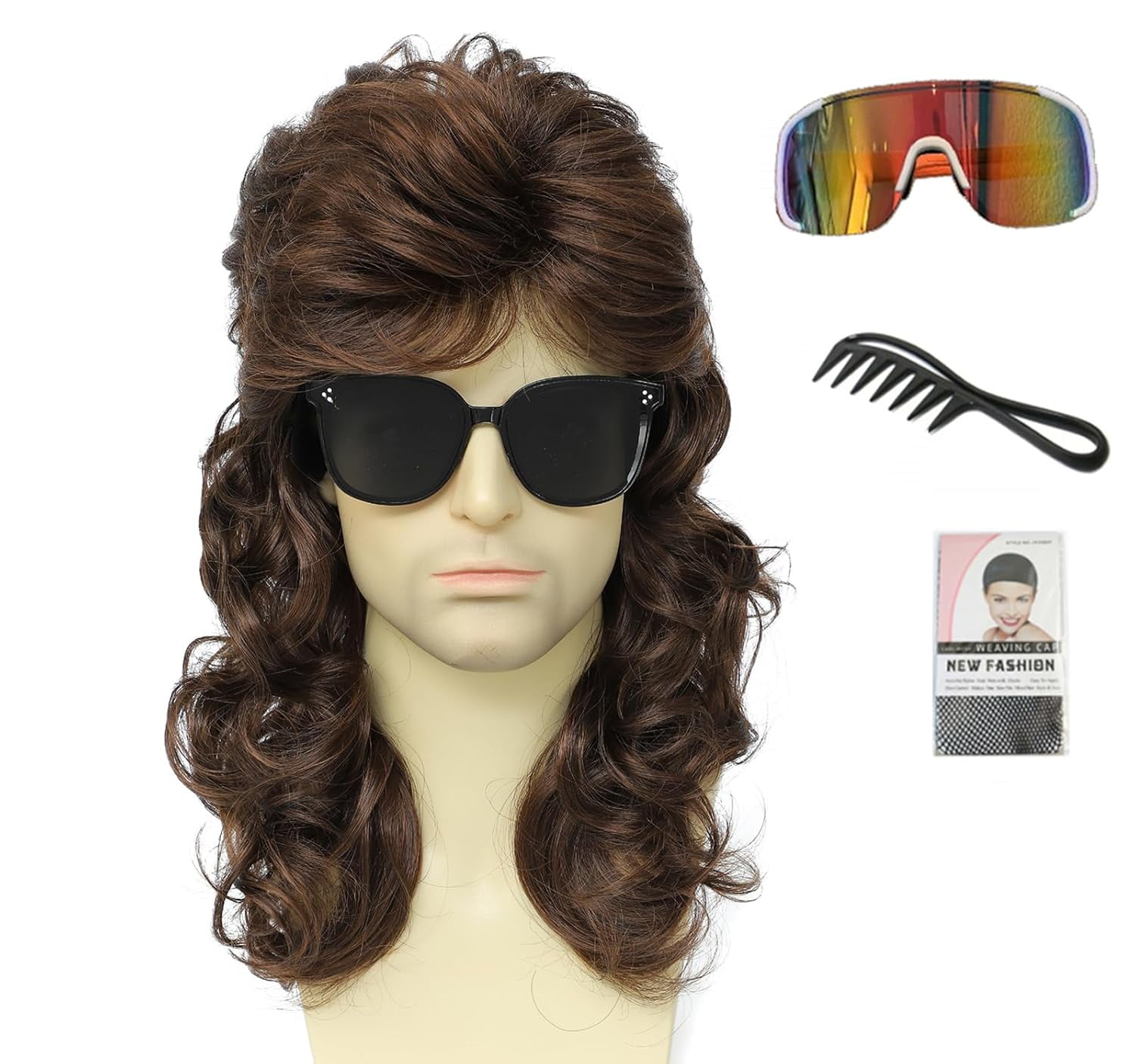 PHYSUN-80s Style Mullet Costume Wig with Sunglasses, Long Wavy ...