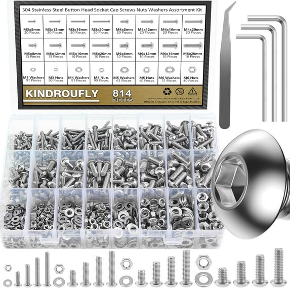 PHYSUN-814 Pieces Button Head Socket Cap Screws Nuts Washers Kit, M3 M4 ...