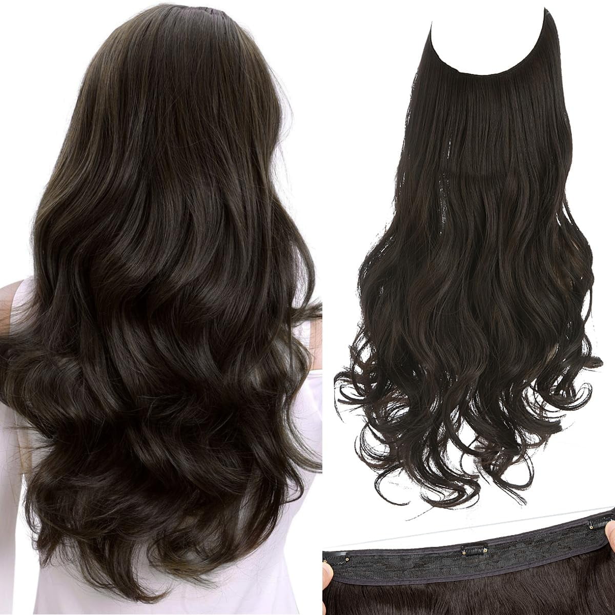 PHYSUN-Invisible Wire Hair Extensions with 3 Clips Long Synthetic Wavy ...