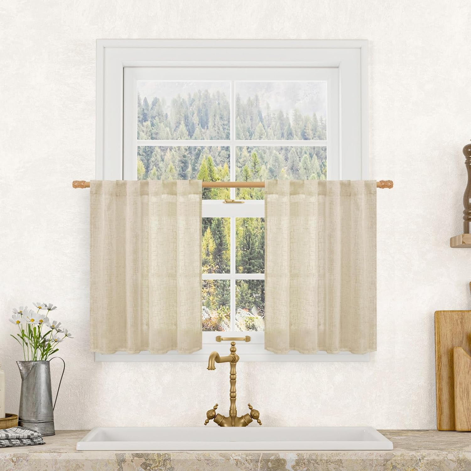 PHYSUN-Linen Kitchen Curtains 24 Inch Length, Semi Sheer Light ...