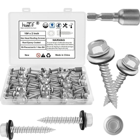 PHYSUN-Metal Roofing Screws #10 × 2 Inch, 50-PCS, Hex Head Rustpert ...