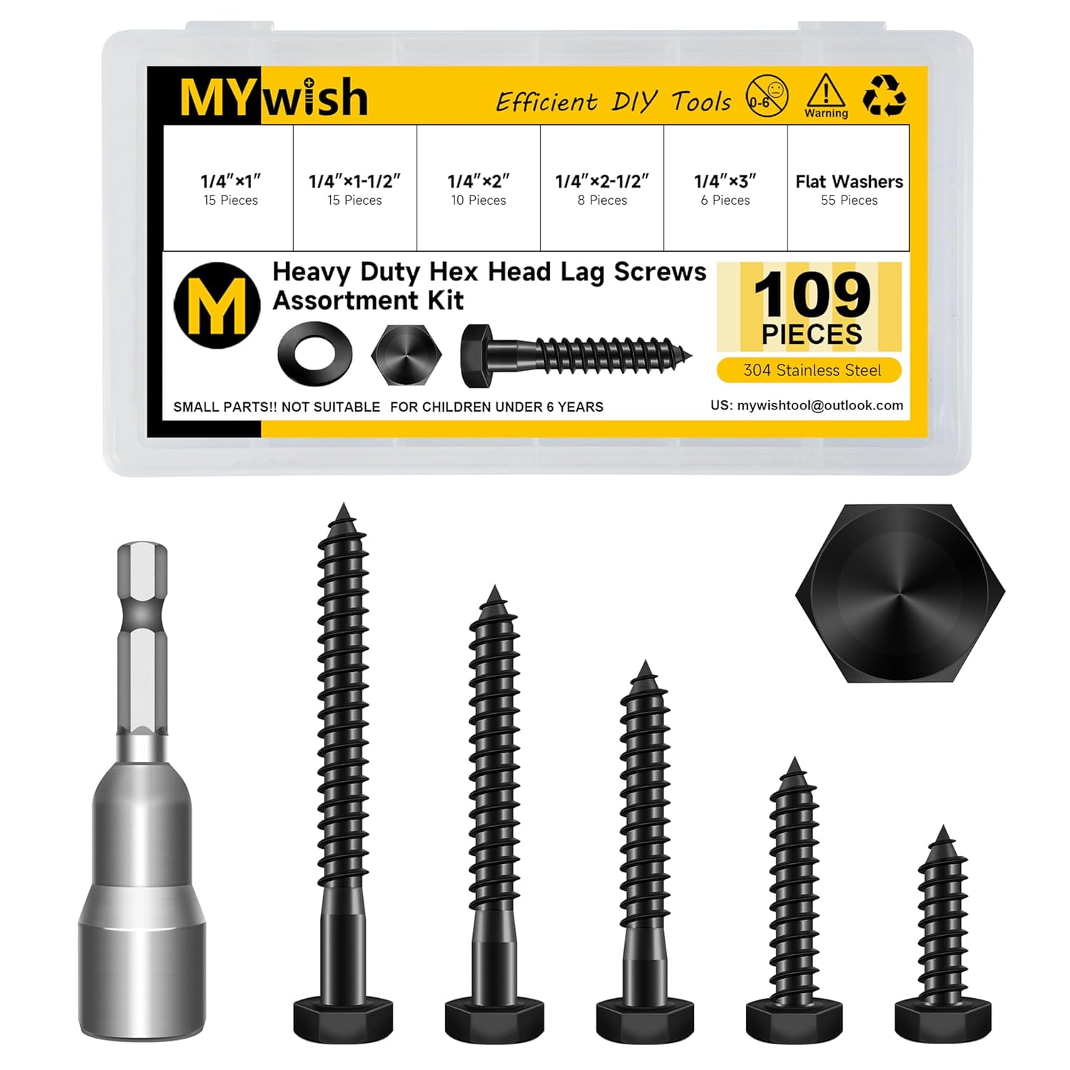 PHYSUN-Mywish 109Pcs 1/4" Hex Head Lag Screws Assortment Kit, Heavy ...