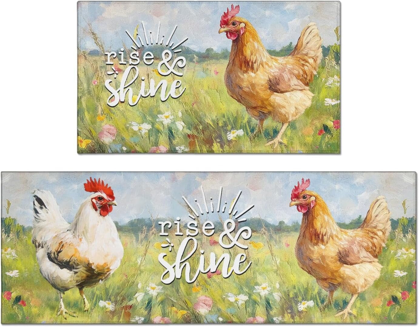 PHYSUN-Rooster Hen Kitchen Rugs Sets of 2, Chicken Vintage Farmhouse ...
