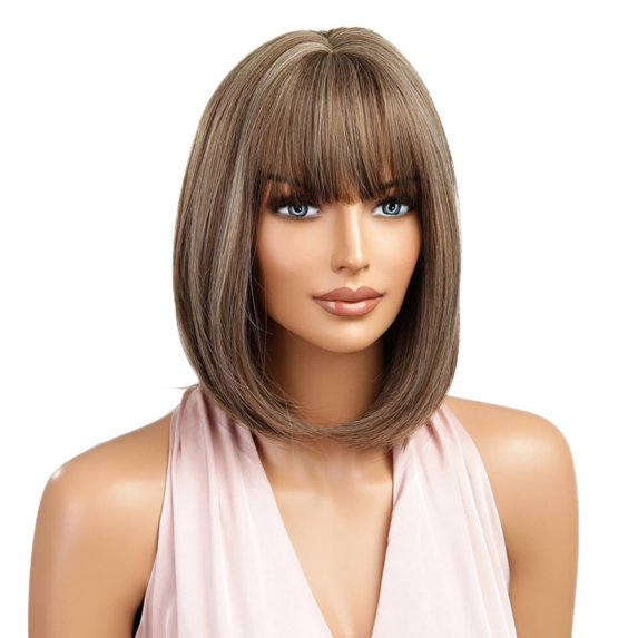 PHYSUN-Short Bob Straight Wig with Cute Flat Bangs Synthetic Hair with ...