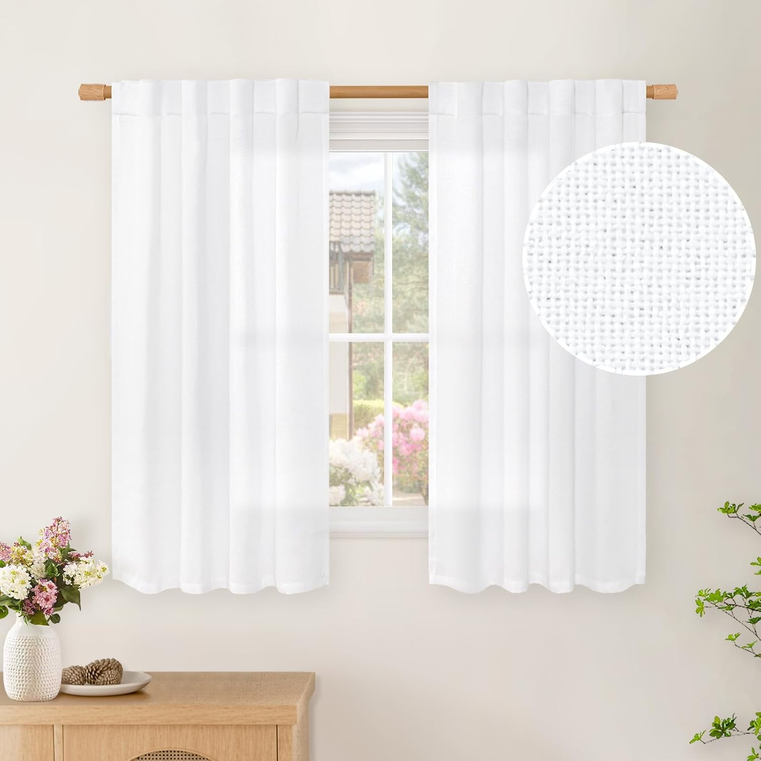 PHYSUN-Short White Linen Curtains 45 Inch Length for Kitchen, Rod ...