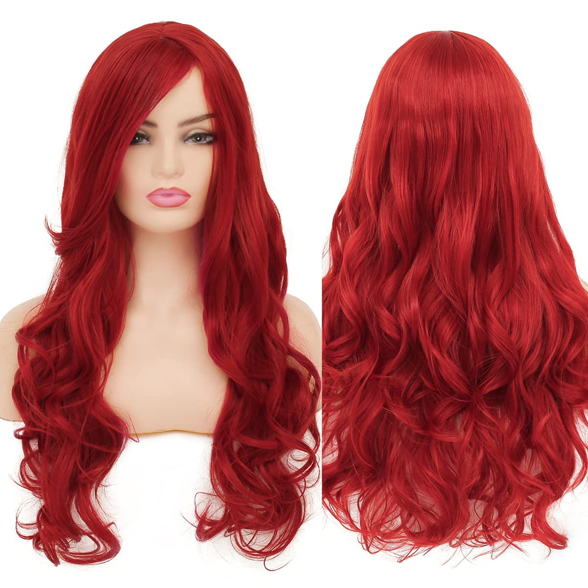 PHYSUN-Womens Long Curly Wavy Red Wig Body Wave Side Part Synthetic ...