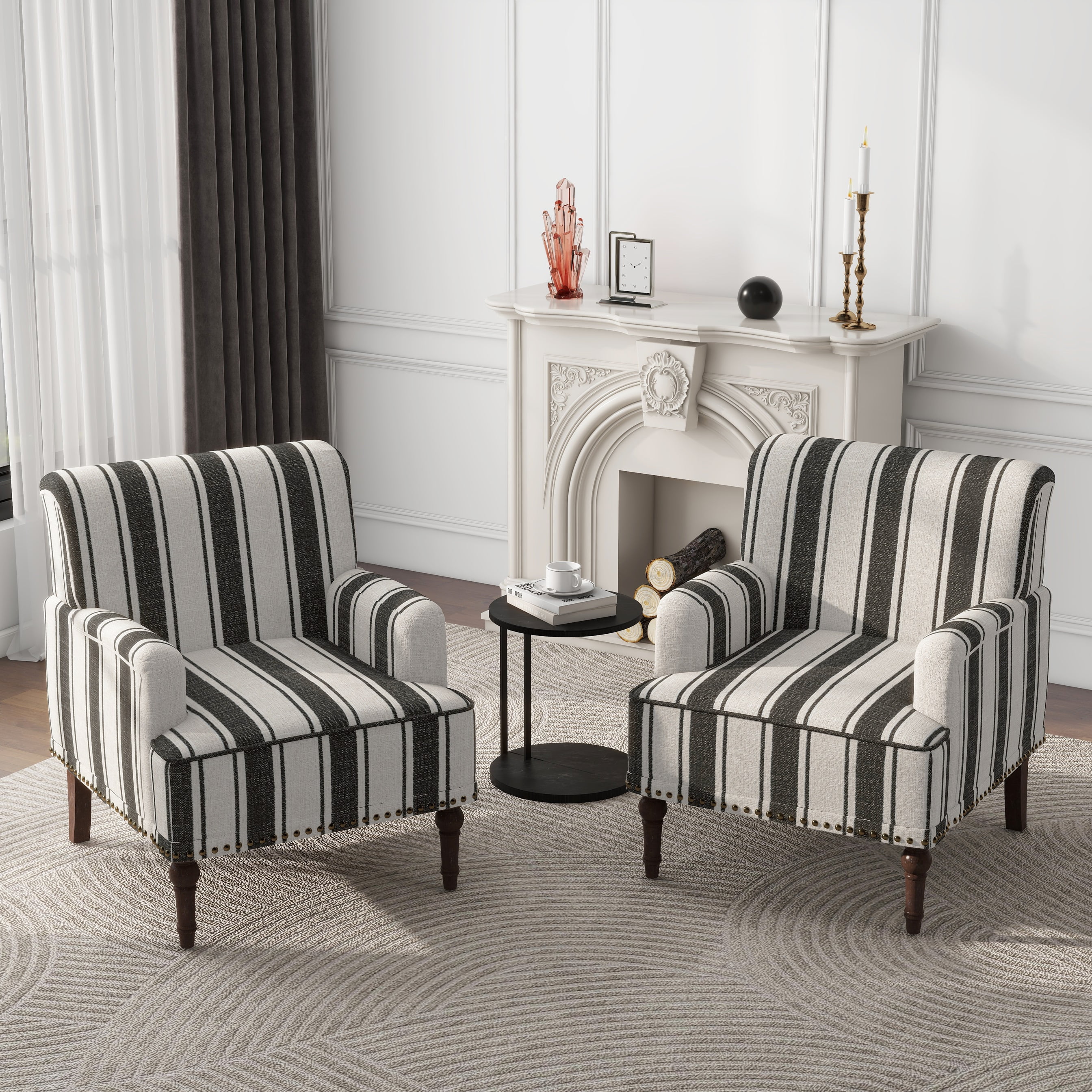 PIA RICCO Stripe Accent Chair Upholstered Armchair with Wood Legs Comfy ...