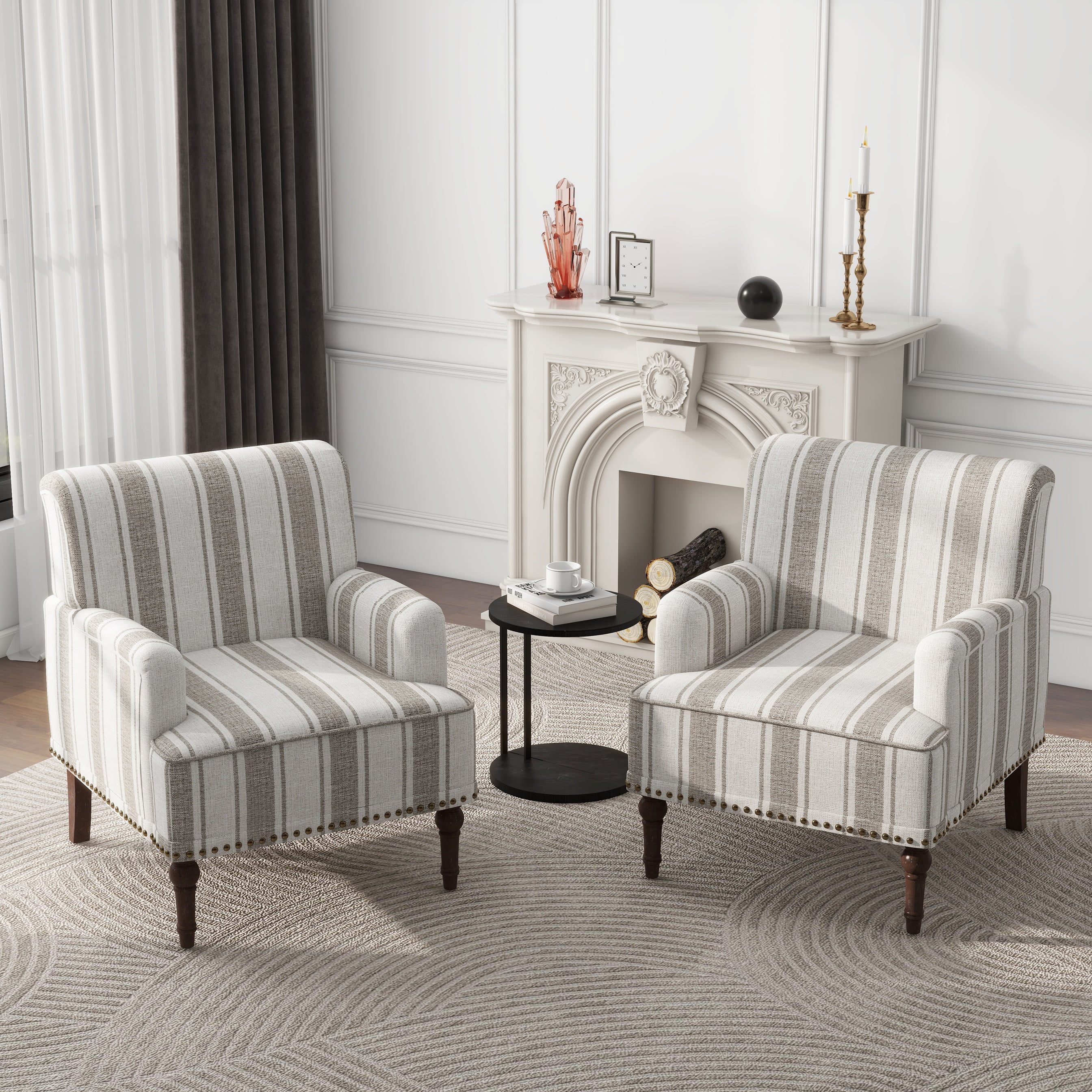 PIA RICCO Stripe Accent Chair Upholstered Armchair with Wood Legs Comfy ...