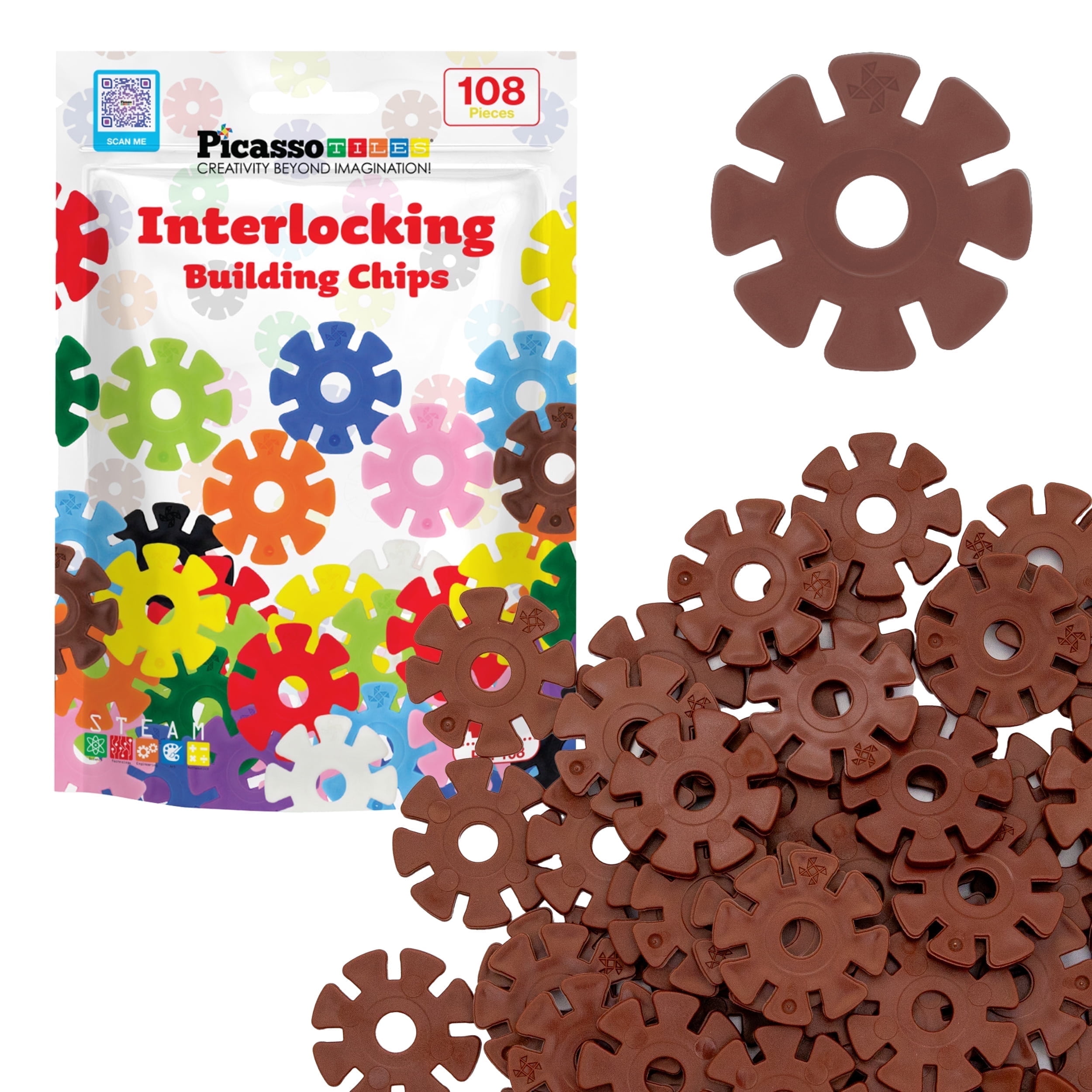 PICASSO-TILES 108-Piece Brown Interlocking Plastic Disc Building Chip ...