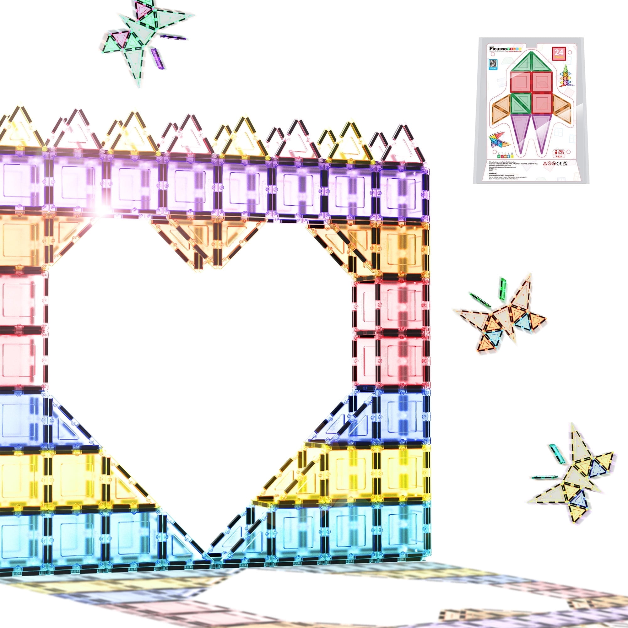 PicassoTiles 24PCS Magnetic Tile Building Block Set, Square & Triangle ...