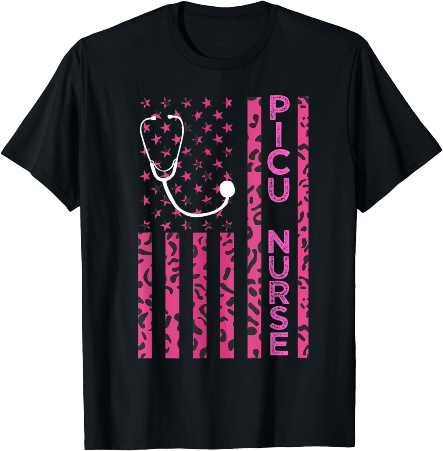 PICU Nurse Leopard Print Pink USA Flag Patriotic Nursing T-Shirt ...