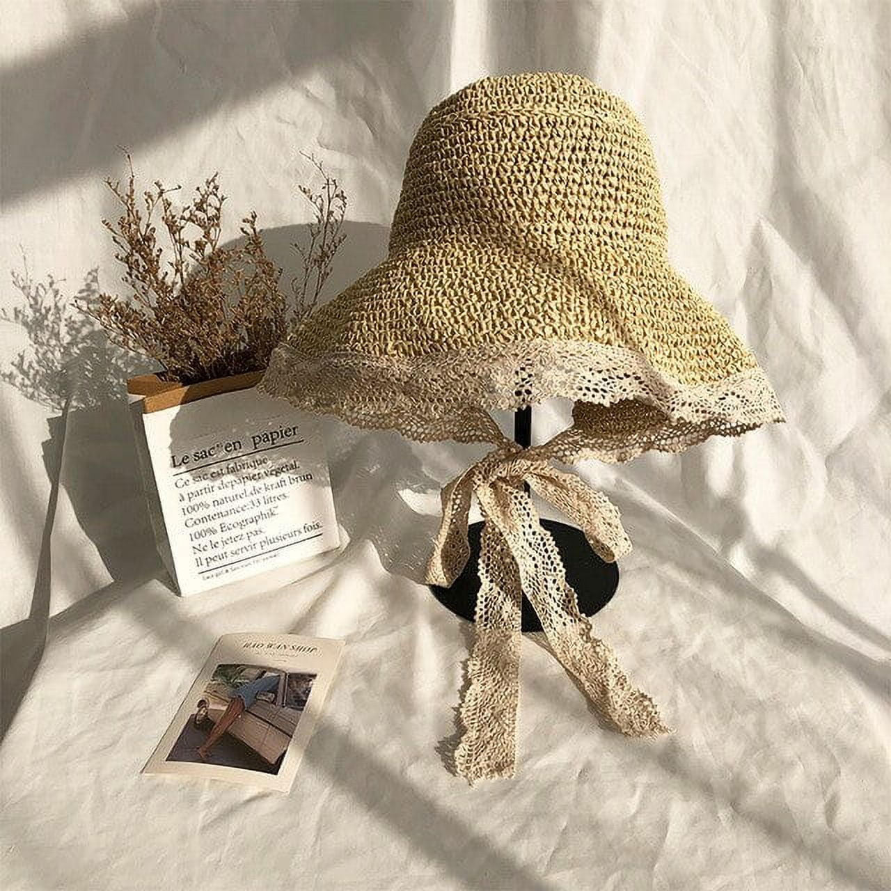 PIKADINGNIS New Women Lace Sun Hats for Wide Brim Straw Beach Side Cap ...