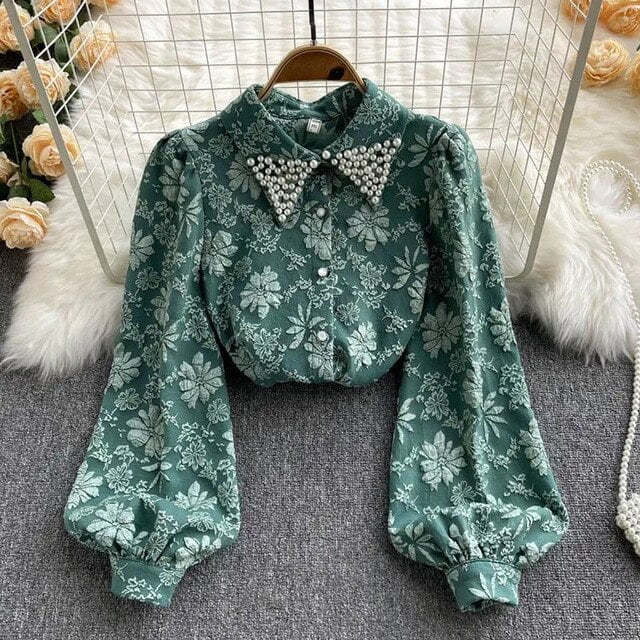 PIKADINGNIS Spring Vintage Jacquard Women Blouse Elegant Lantern Sleeve ...