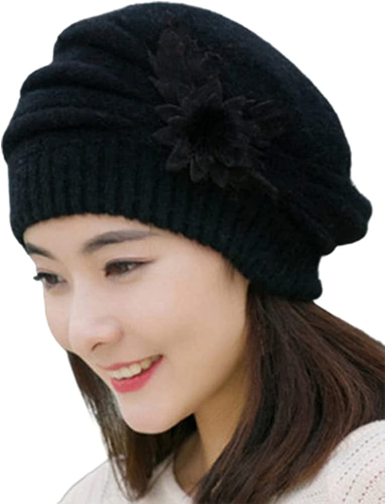 PIKADINGNIS Women Elegant Floral Wool Beret Solid Classic French Style Thick Light Winter Hat ...
