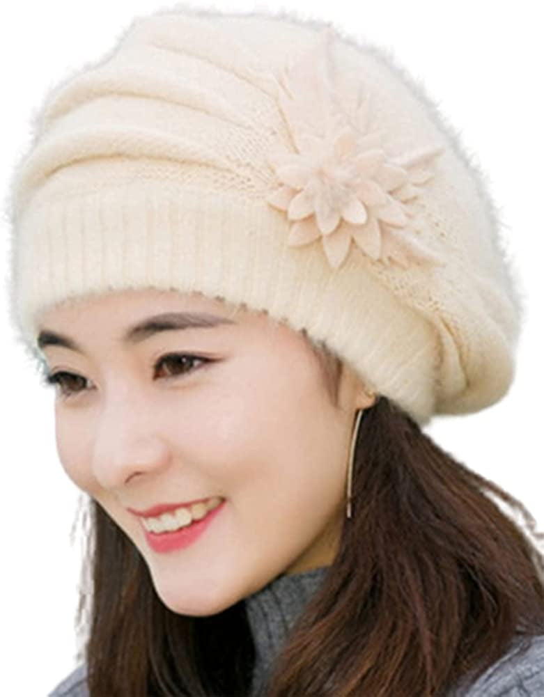 PIKADINGNIS Women Elegant Floral Wool Beret Solid Classic French Style Thick Light Winter Hat ...