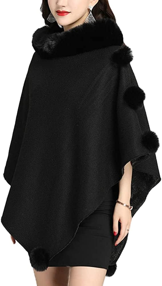 PIKADINGNIS Women Faux Fur Poncho Shawls Thick Fluffy Plush Cardigan ...