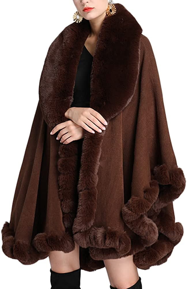 Pikadingnis Women Faux Fur Trim Poncho Wrap Warm Winter Sweater