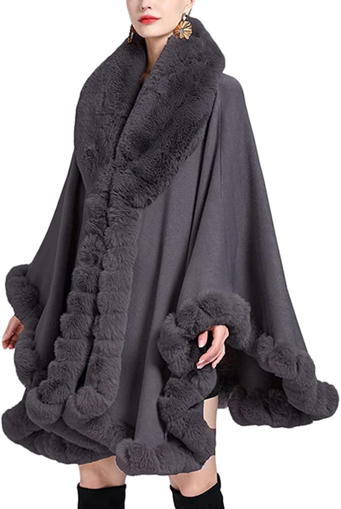 PIKADINGNIS Women Faux Fur Trim Poncho Wrap Warm Winter Sweater ...