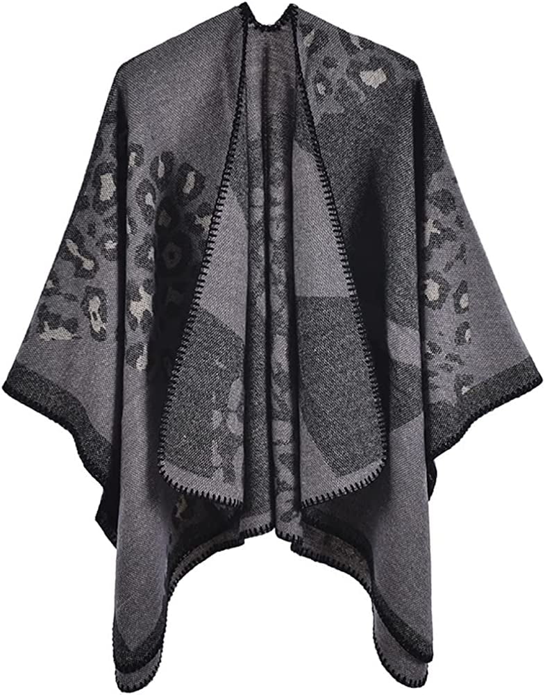 PIKADINGNIS Women Leopard Shawl Wraps Winter Classic Poncho Sweater ...