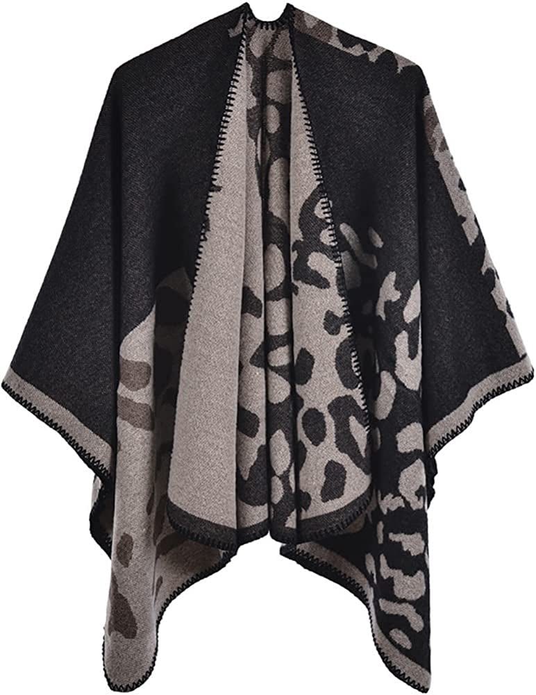 PIKADINGNIS Women Leopard Shawl Wraps Winter Classic Poncho Sweater ...