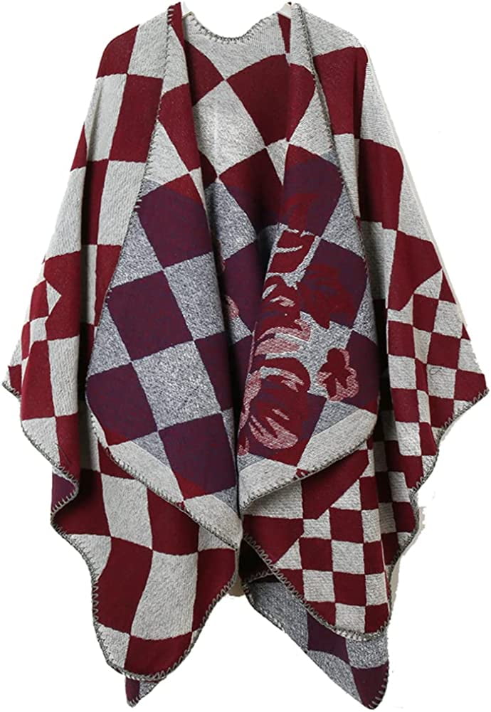 PIKADINGNIS Women Shawl Plaid Wraps Poncho Open Front Sweater Cardigan ...