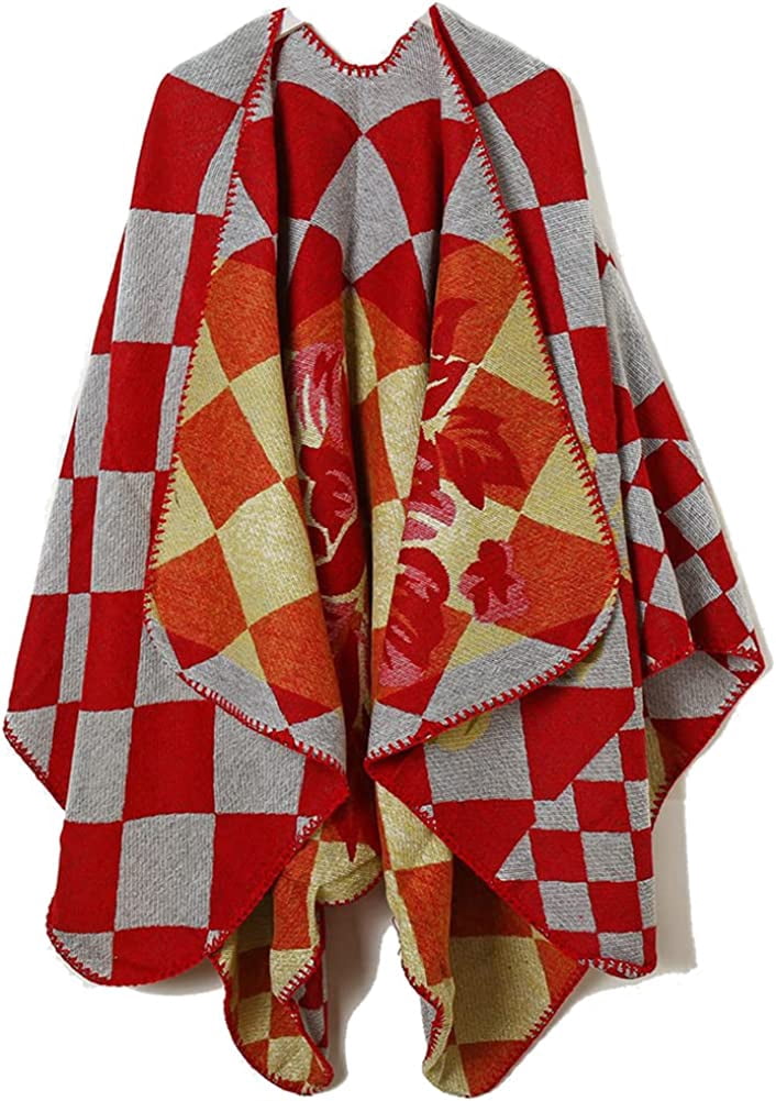 PIKADINGNIS Women Shawl Plaid Wraps Poncho Open Front Sweater Cardigan ...