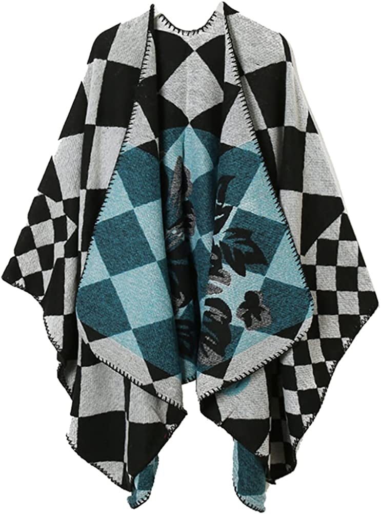 PIKADINGNIS Women Shawl Plaid Wraps Poncho Open Front Sweater Cardigan ...