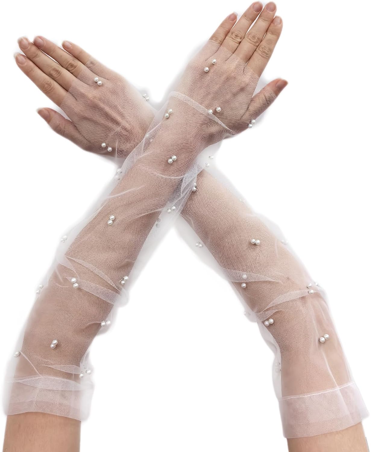 PIKADINGNIS Women Sheer Long Gloves Pearl Mesh Tulle Sheer Gloves Fingerless Gloves Wedding ...