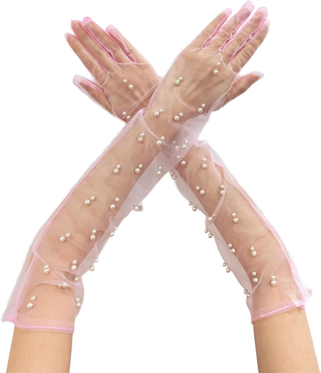 PIKADINGNIS Women Sheer Long Gloves Pearl Mesh Tulle Sheer Gloves ...