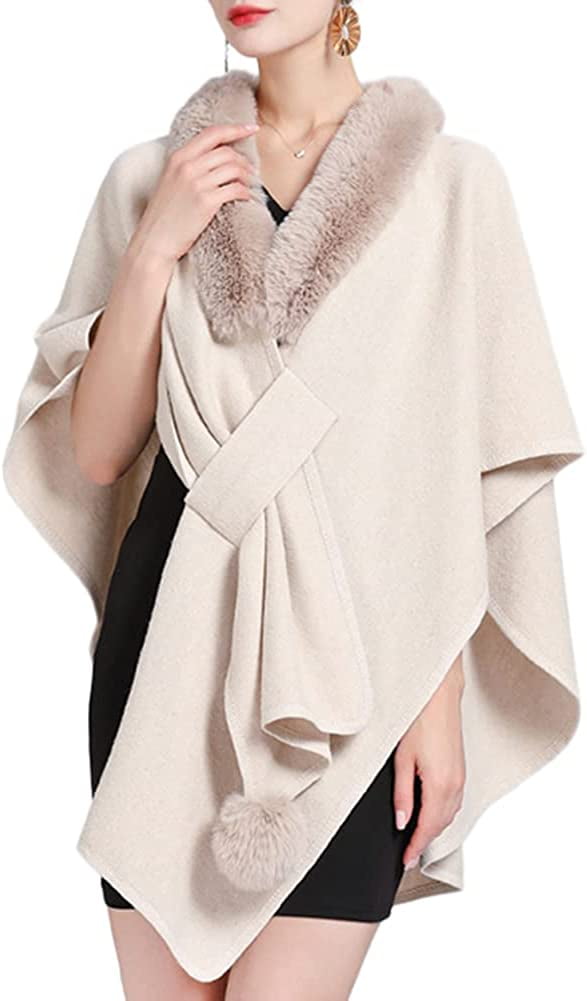 PIKADINGNIS Women Winter Fall Shawl Wraps Faux Fur Collar Warm Sweater ...