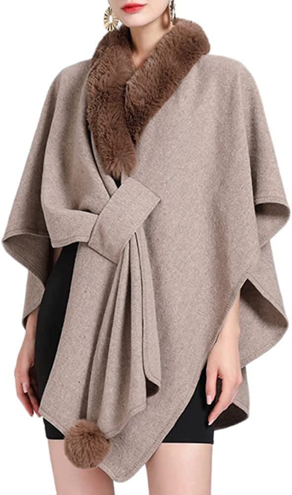 PIKADINGNIS Women Winter Fall Shawl Wraps Faux Fur Collar Warm Sweater ...