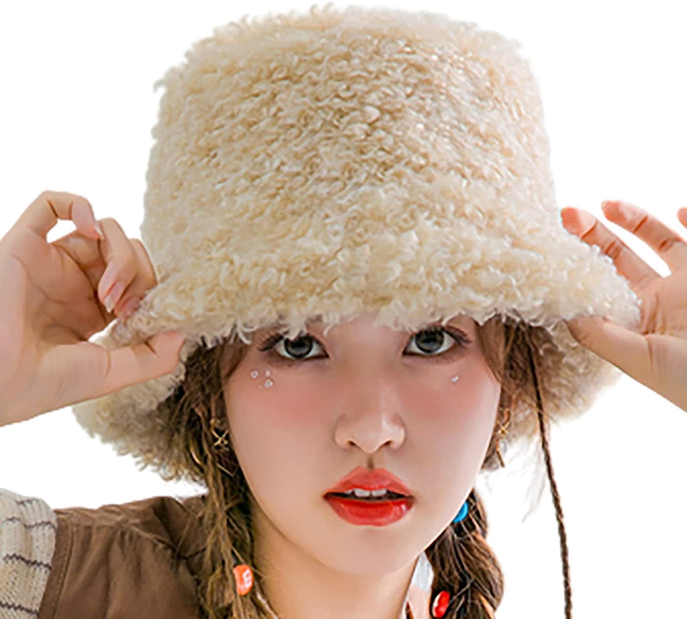 PIKADINGNIS Women Winter Fluffy Wool Bucket Hat Solid Soft Trendy Tie ...