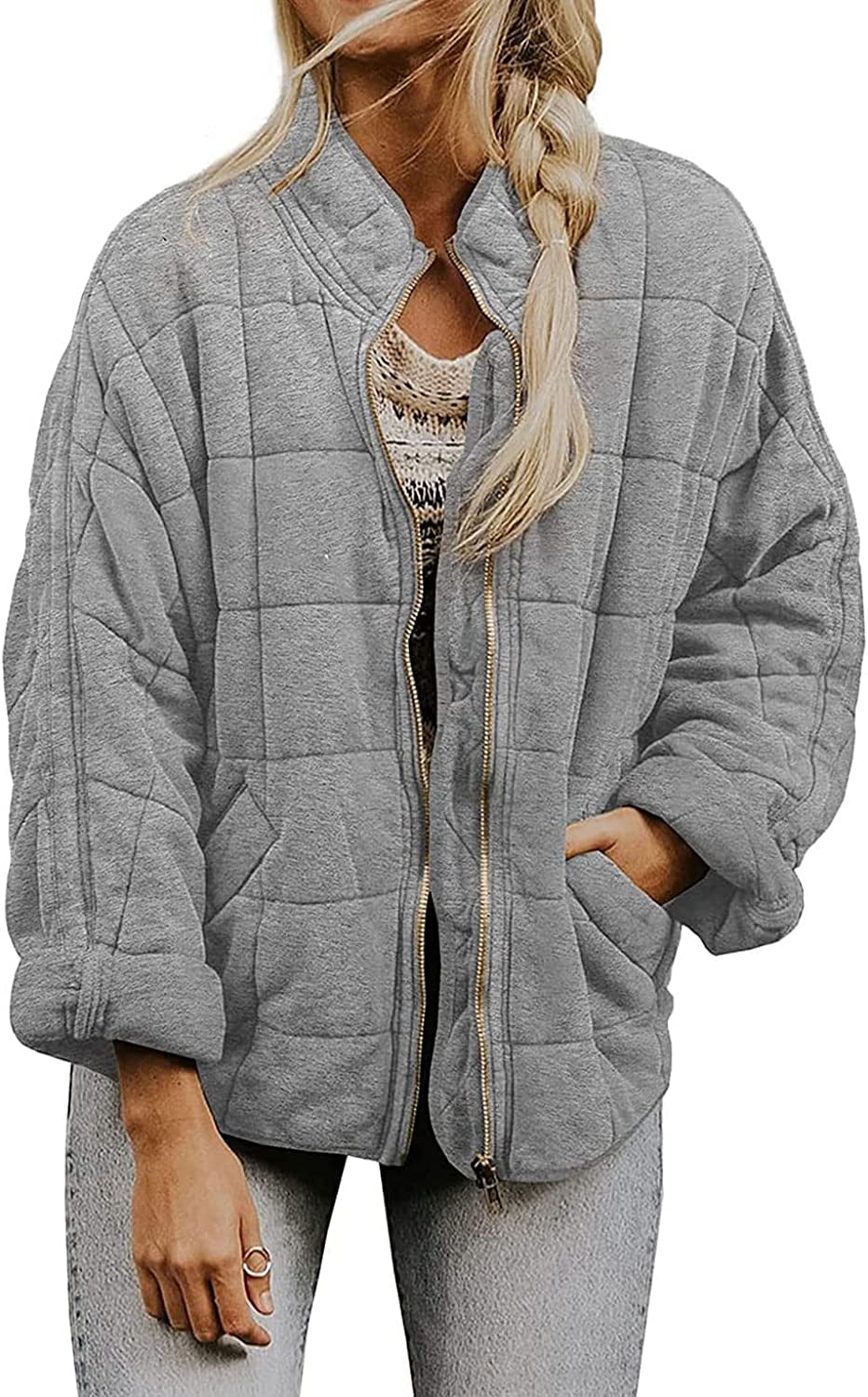 Pikadingnis Womens Casual Stand Collar Full Zip Quilted Jacket
