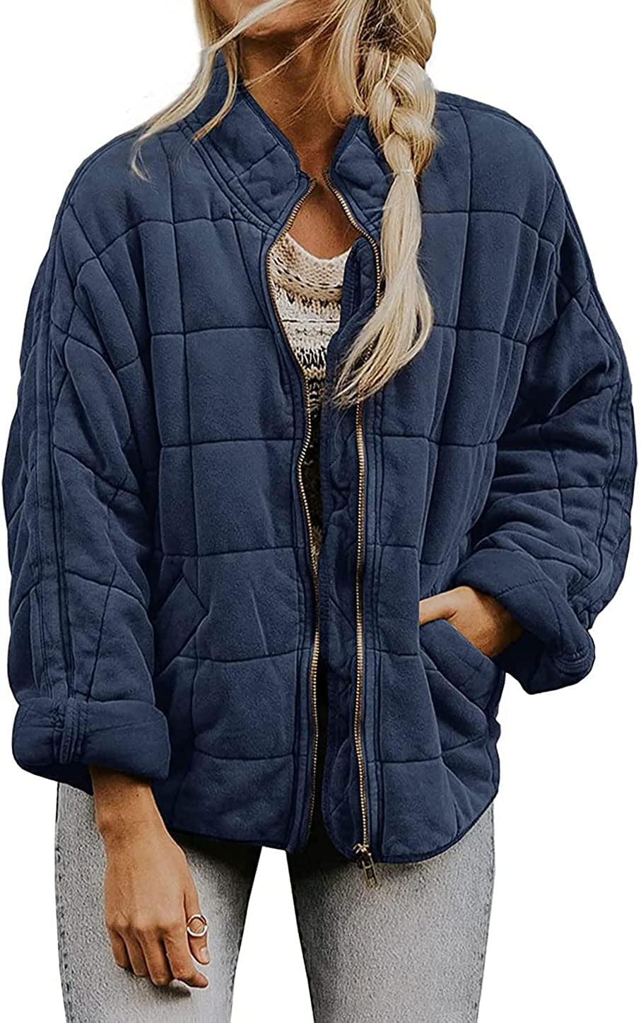 Pikadingnis Womens Casual Stand Collar Full Zip Quilted Jacket