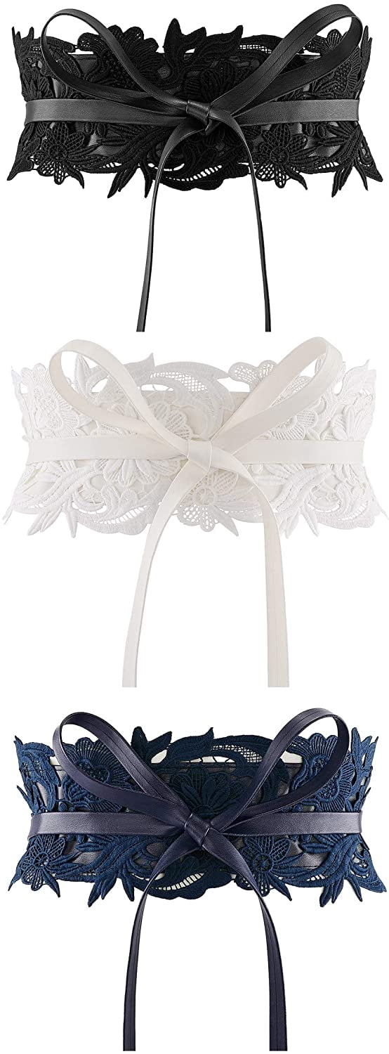 PIKADINGNIS Women's Lace Waist Belt Obi Bowknot Cinch Wide Belt Bow Tie ...
