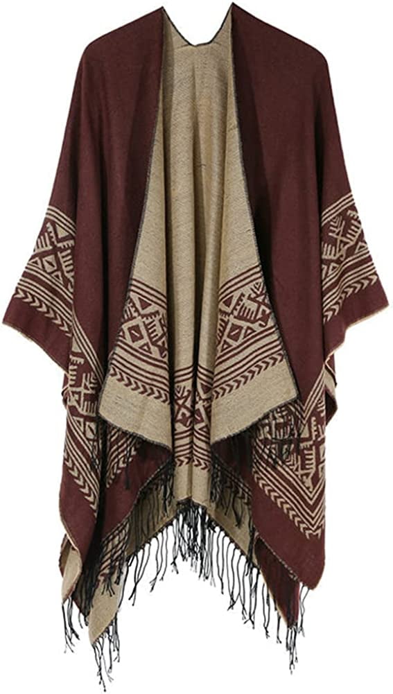 PIKADINGNIS Women's Winter Poncho Capes Vintage Open Front Tassel ...
