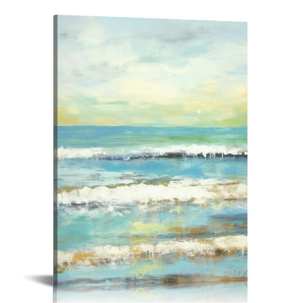 PIKWEEK Abstract Beach Canvas Picture Painting: Blue Seascape with Gold ...
